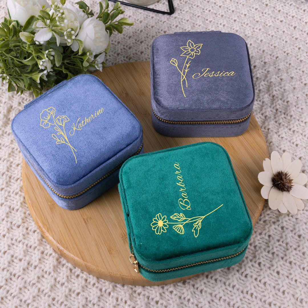 Personalized Birth Flower Jewelry Box, Custom Velvet Jewelry Case ...