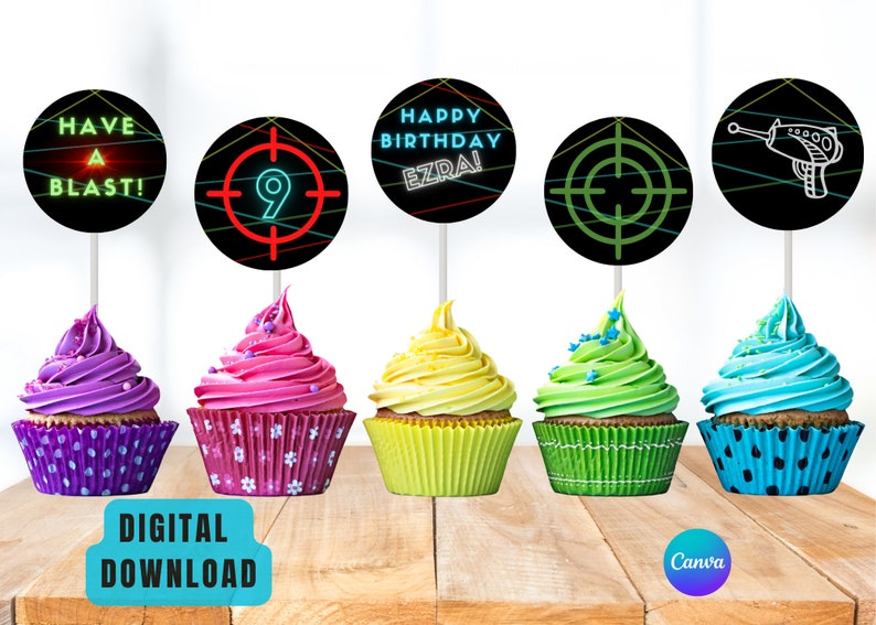 EDITABLE Cupcake Topper Template Laser Tag Birthday Instant Download ...