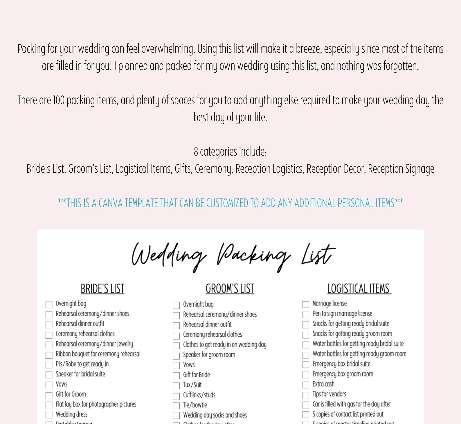 CANVA Template Wedding Weekend Packing List, Everything to Buy & Pack ...
