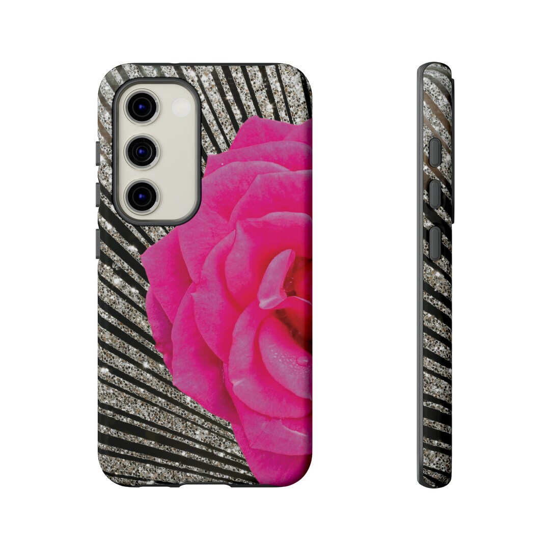 Black and Silver Glitter Print With Hot Pink Rose Phone Case for Iphone ...