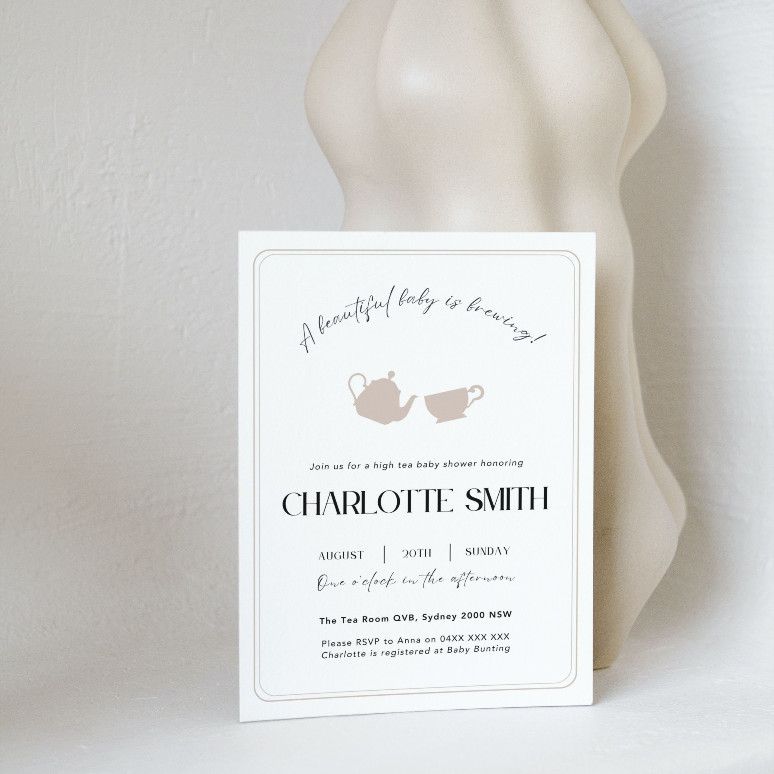 Editable High Tea Baby Shower Invite Template, Modern Baby Shower ...