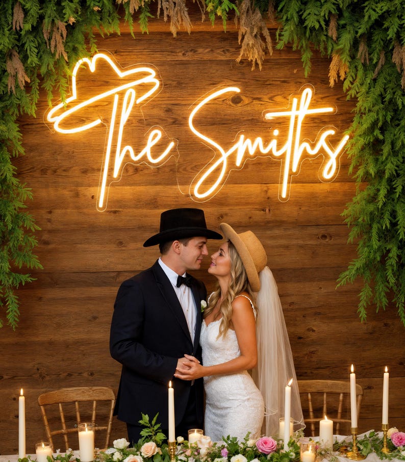 Custom Western Wedding Neon Sign: Cowboy Hat Last Name LED ...