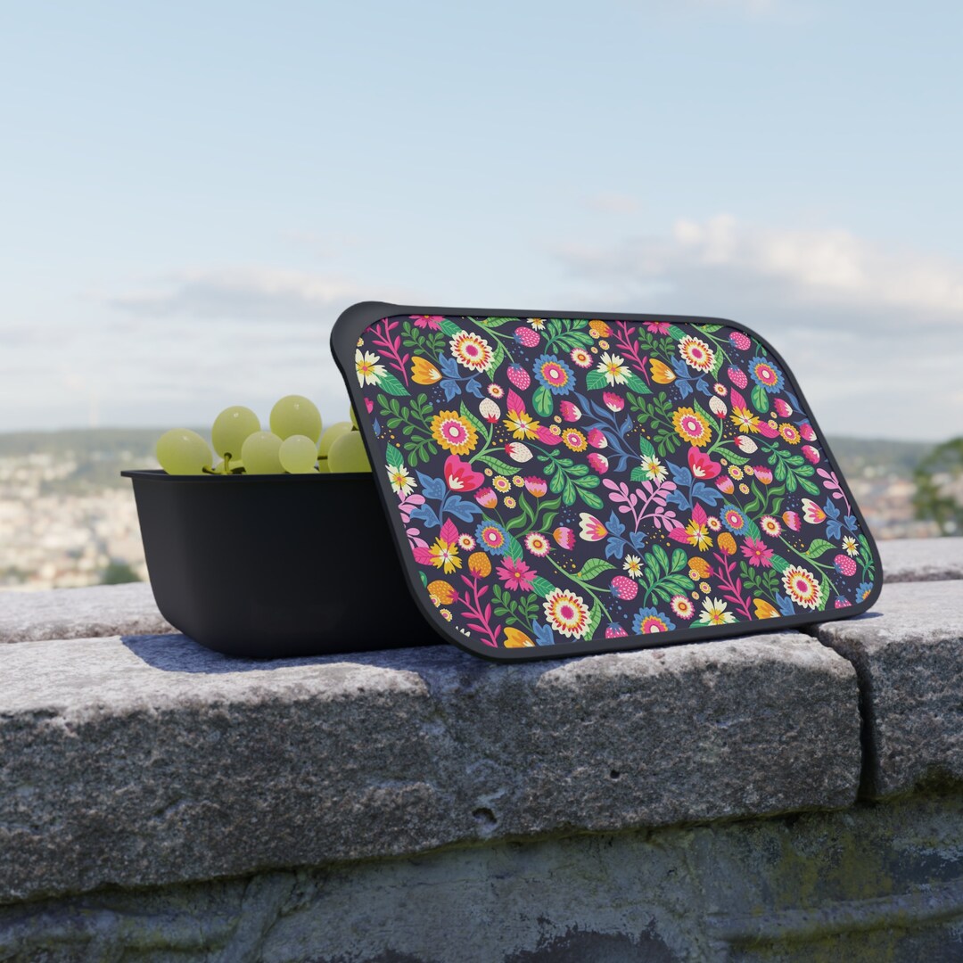 Floral Bento Box With Band and Utensils / Lunch Box / Tupperware / Gift ...