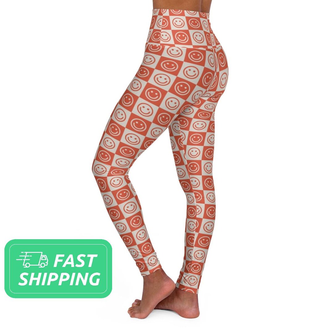 Checkered Happy Face Pattern High-waisted Leggings / Retro Smiley Face ...