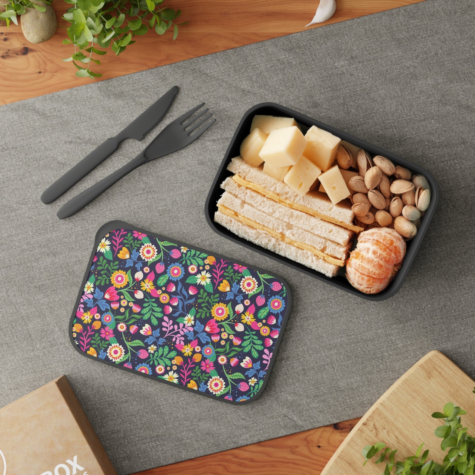 Floral Bento Box With Band and Utensils / Lunch Box / Tupperware / Gift ...