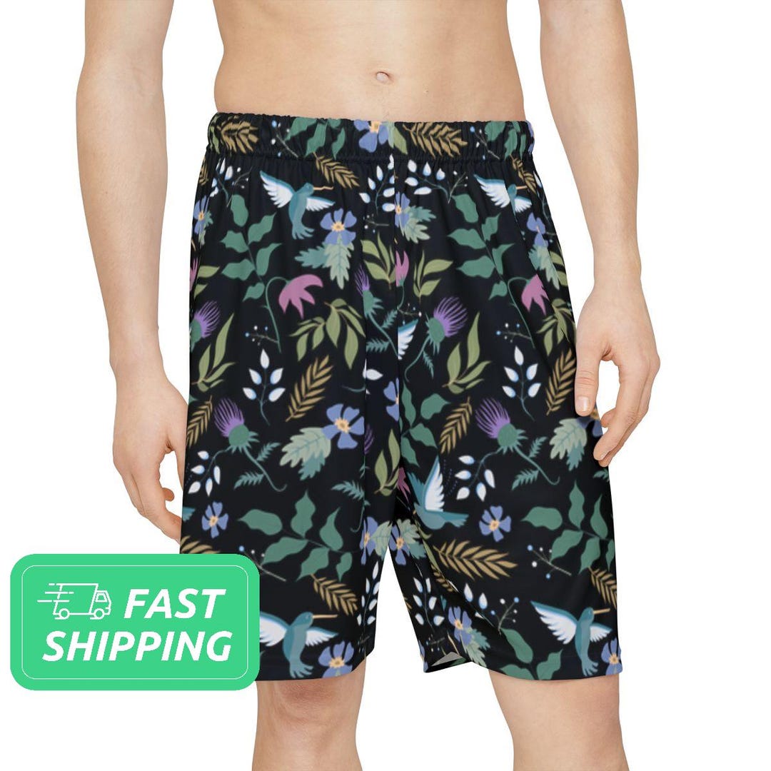 Floral Pattern Men's Sports Shorts / Hummingbird Flower Pattern Men's ...