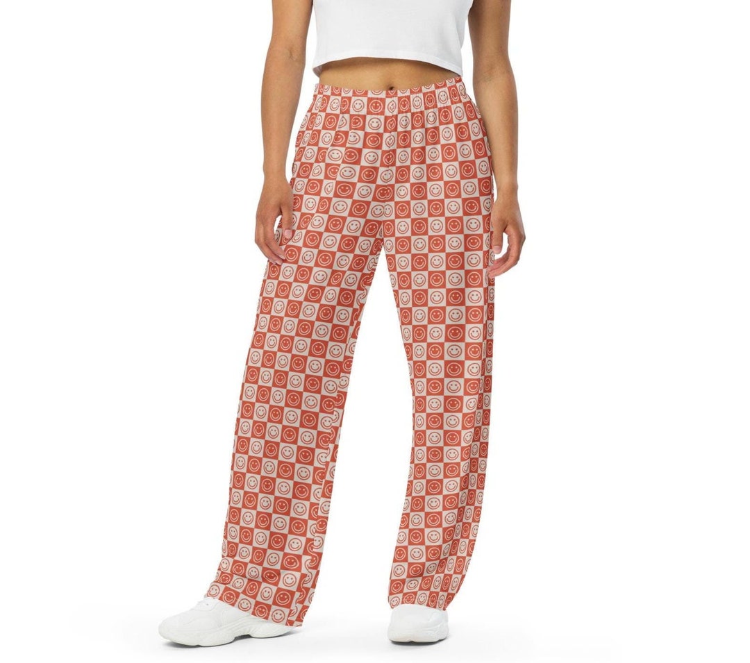 Retro Smiley Face Checker Wide-leg Pants / Checkered Lounge Pant ...