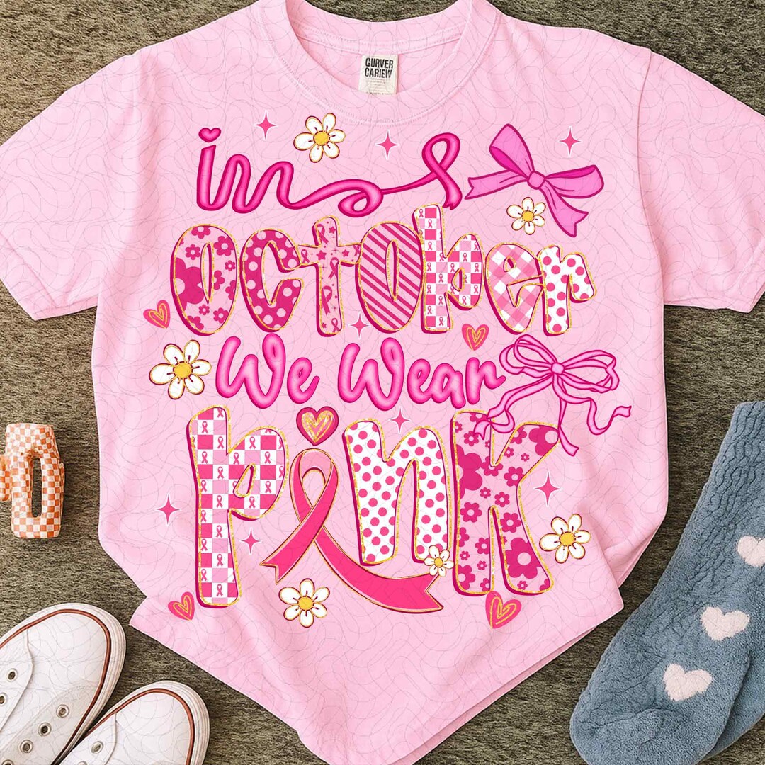 Preppy Breast Cancer Png, in October We Wear Pink Png, Coquette Breast ...