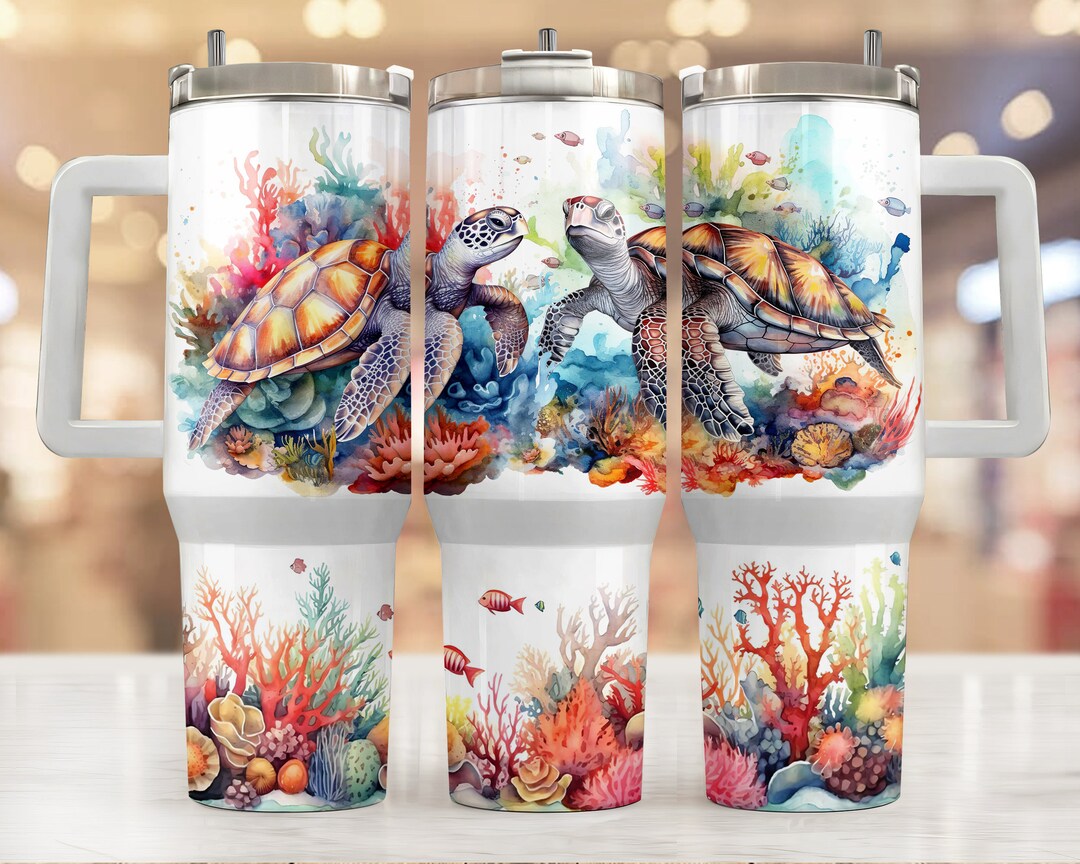 Turtle 40 Oz Quencher Tumbler Sublimation Design Summer Beach Coral Reef Sea Animal Digital Png ...