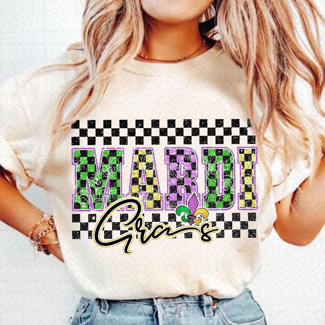 Retro Checkered Mardi Gras PNG, Glitter Mardi Gras Varsity Png, Fleur ...