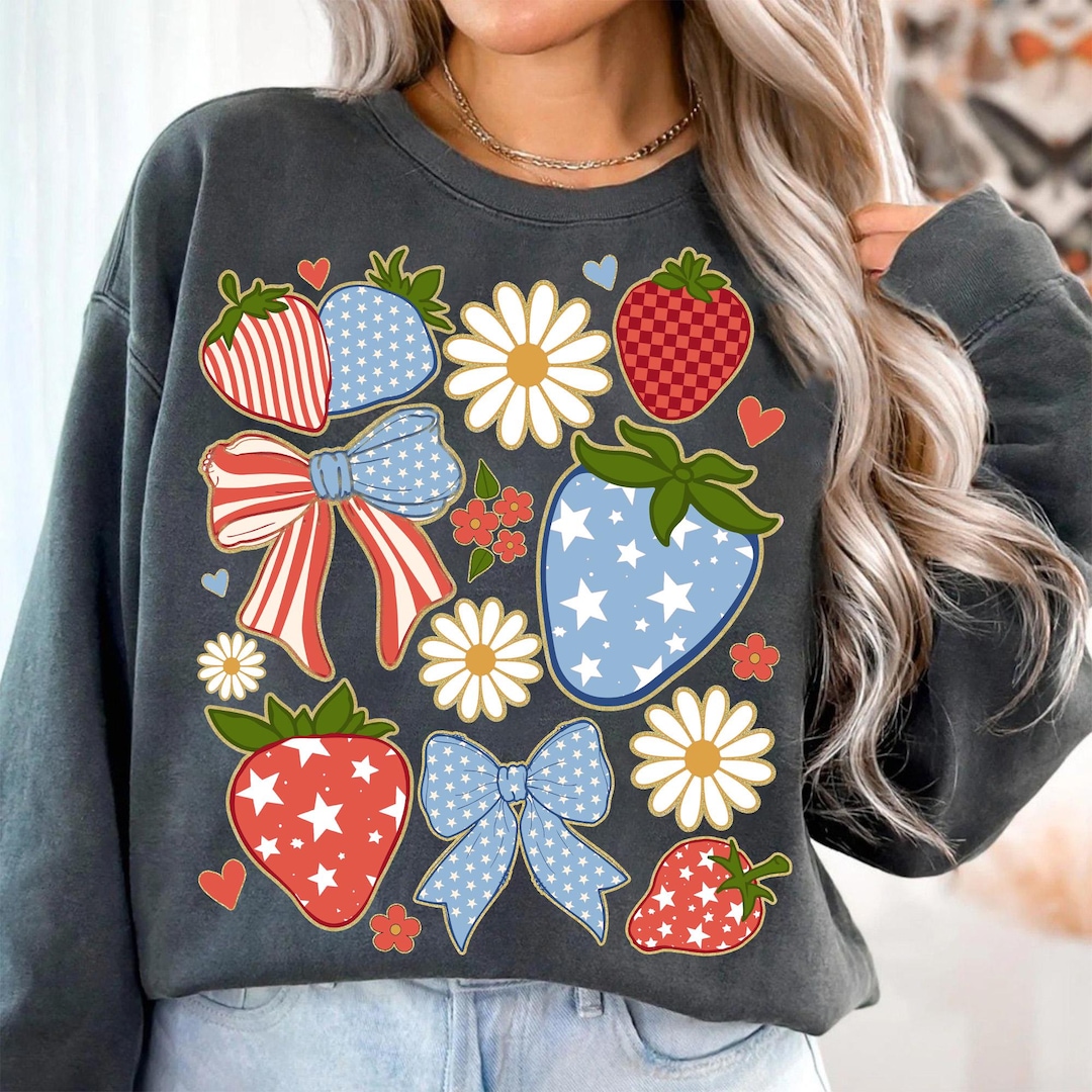 Boho 4th of July Strawberry PNG, Patriotic Bow Sublimation Design ...