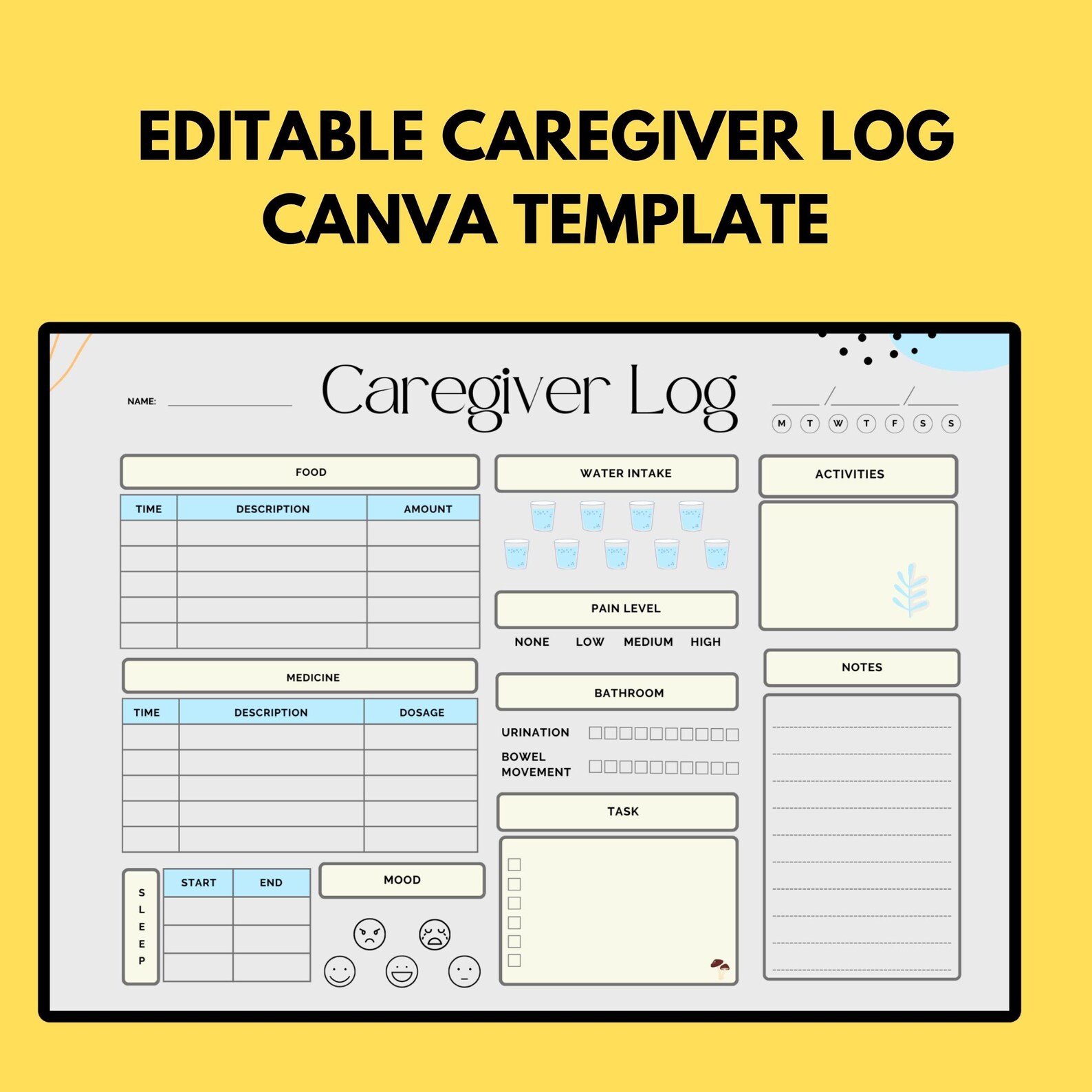 Editable Caregiver Log Template: Daily Tracker (canva, Printable) - Etsy