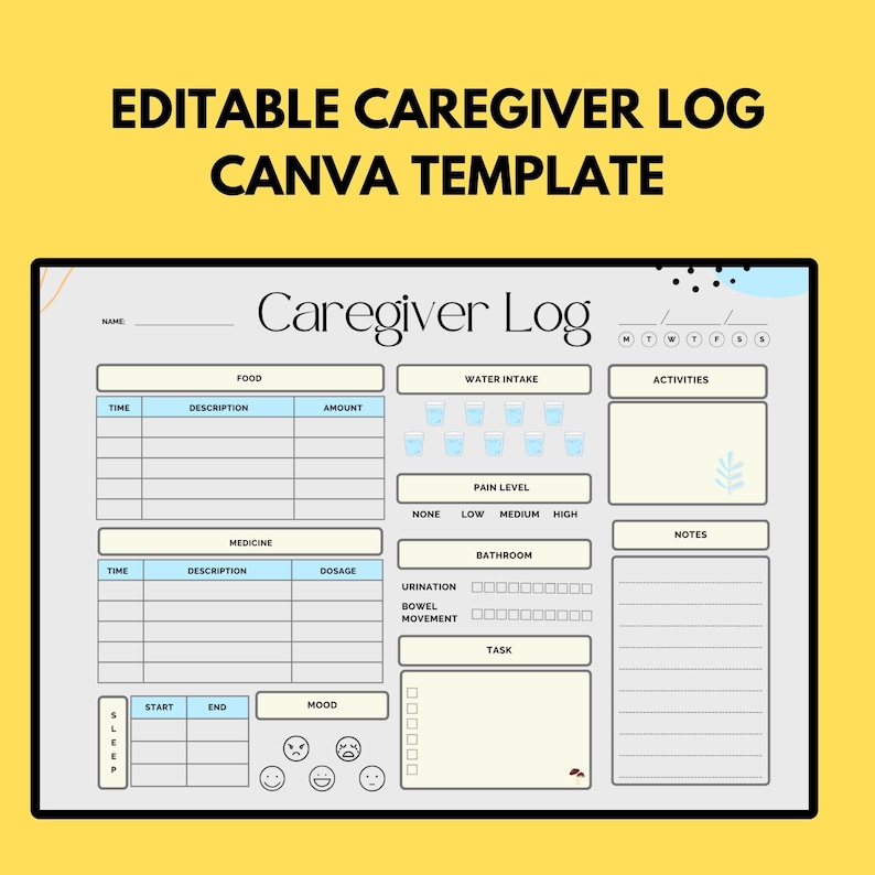 Editable Caregiver Log Template: Daily Tracker (canva, Printable) - Etsy