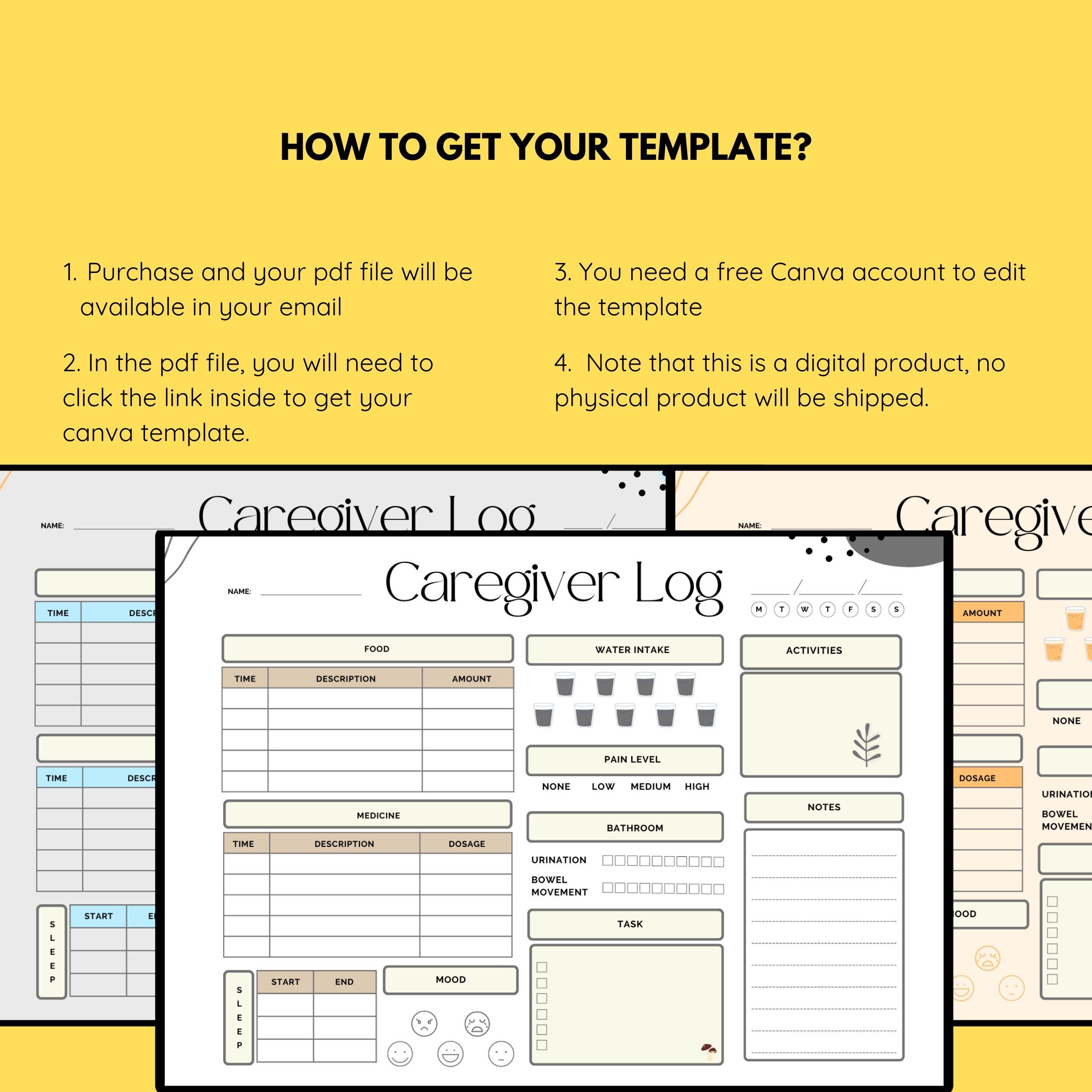 Editable Caregiver Log Template: Daily Tracker (canva, Printable) - Etsy