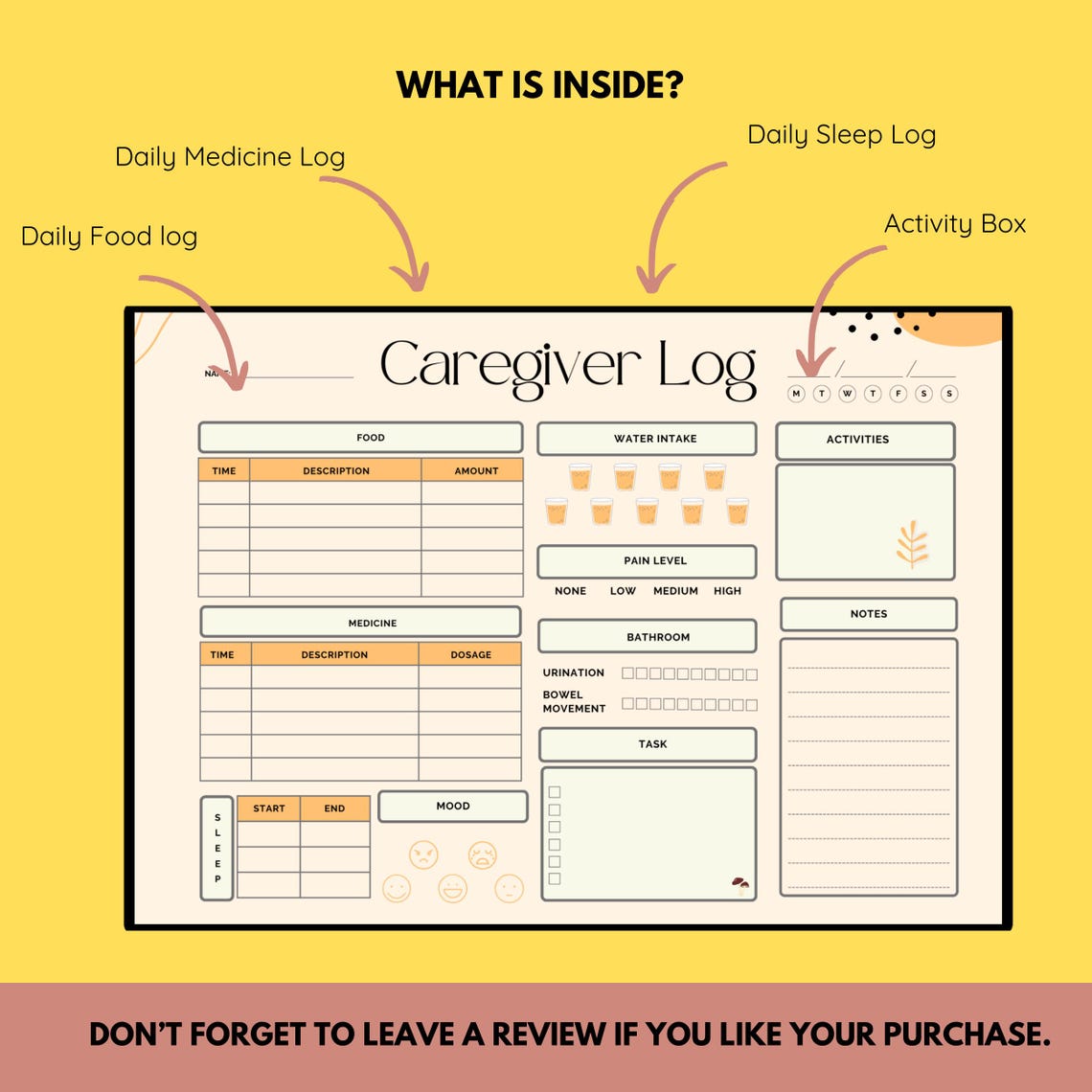 Printable Caregiver Log, Caregiver Checklist, Caregiver Gift, Elder ...