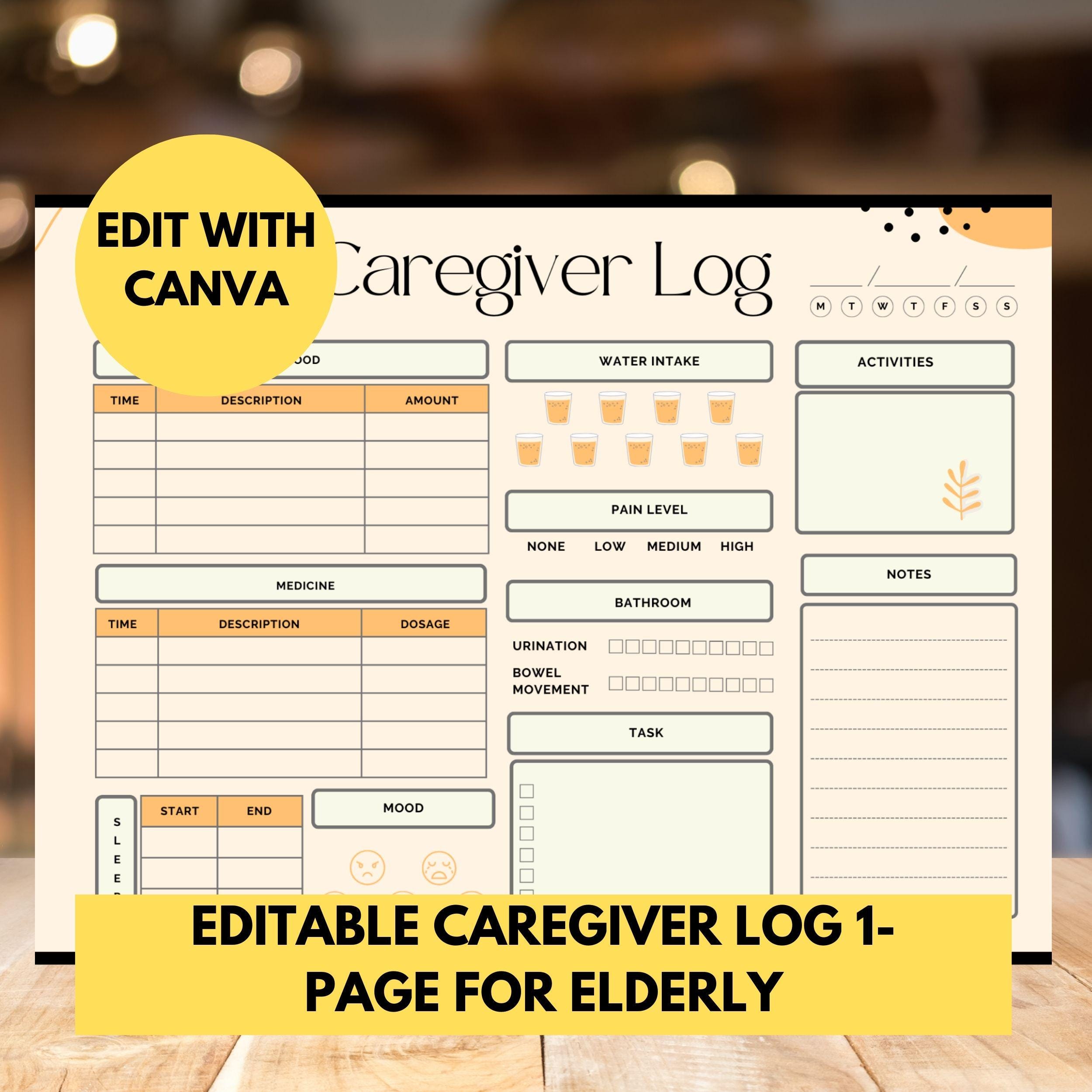 Editable Caregiver Log Template: Daily Tracker (canva, Printable) - Etsy