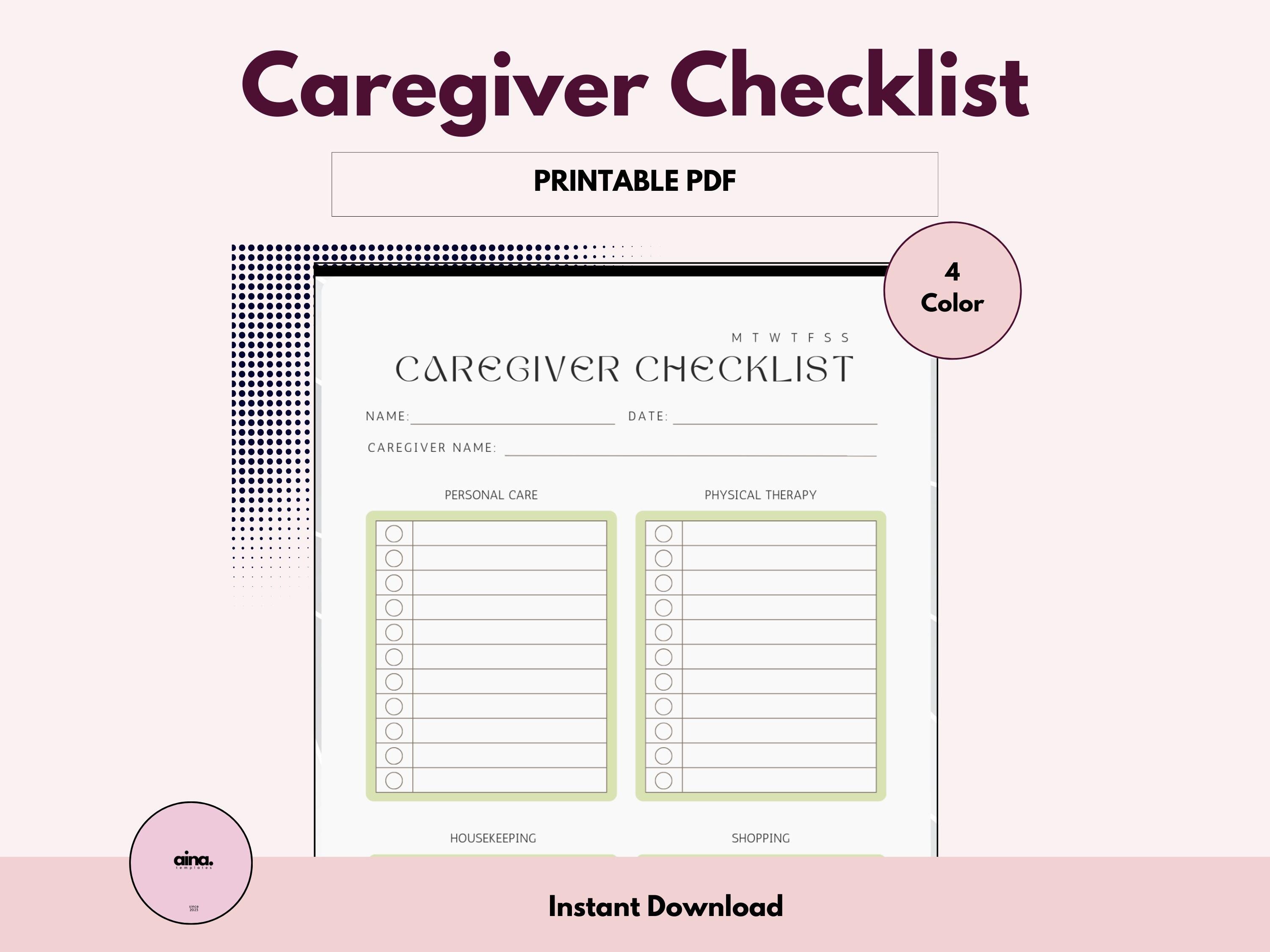 Printable Caregiver Checklist, Daily Caregiver Checklist, Caregiver ...