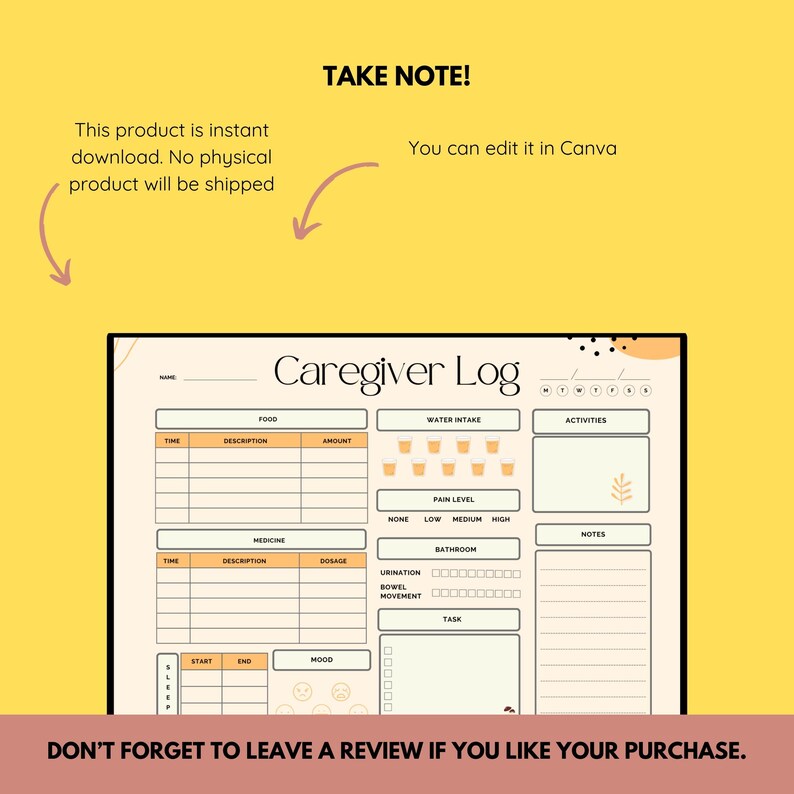 Editable Caregiver Log Template: Daily Tracker (canva, Printable) - Etsy