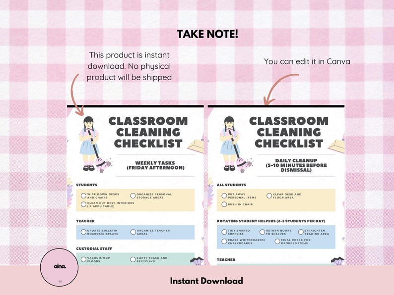 EDITABLE Classroom Cleaning Checklist, Cleaning Schedule, Daily ...