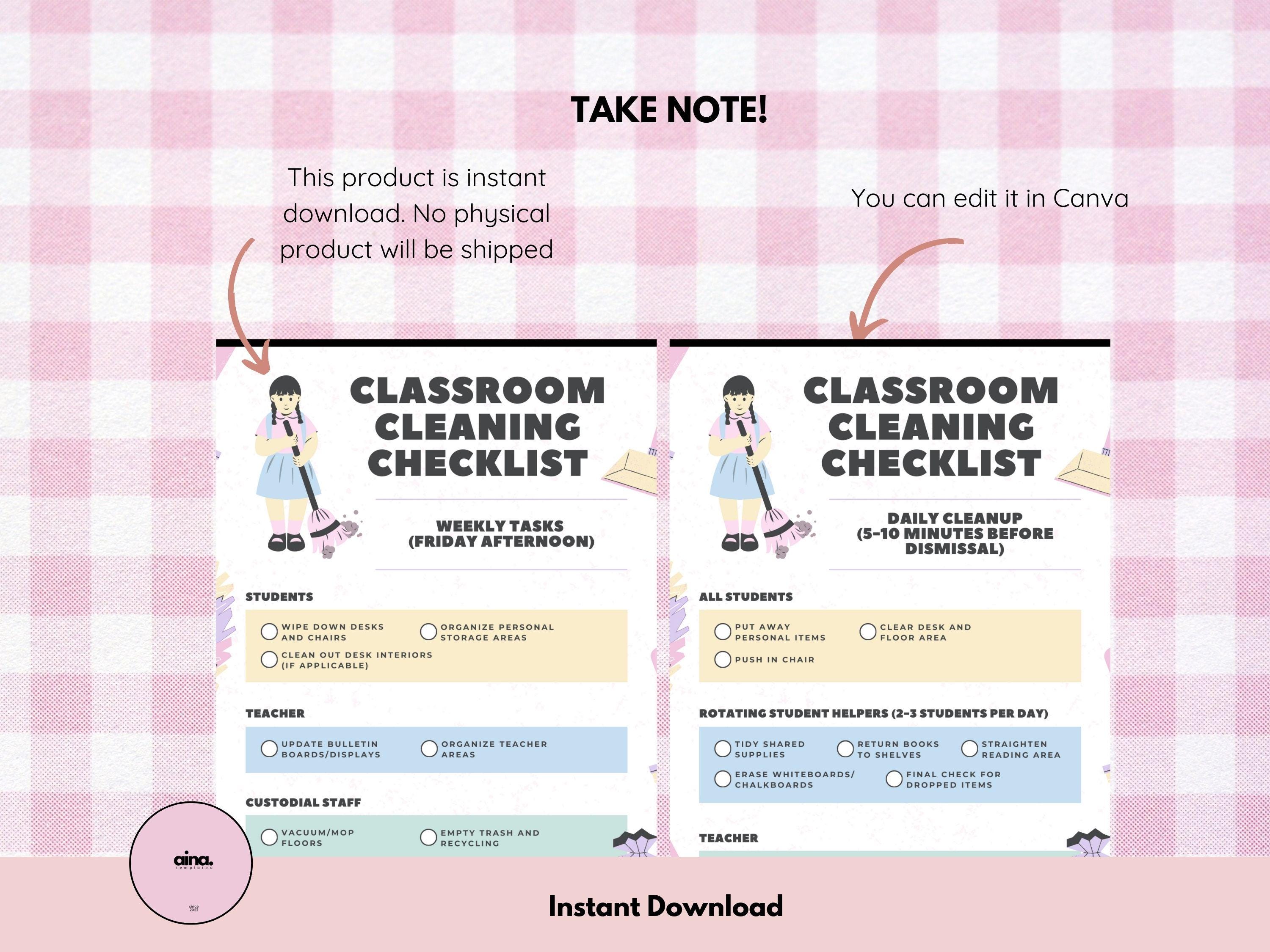 EDITABLE Classroom Cleaning Checklist, Cleaning Schedule, Daily ...
