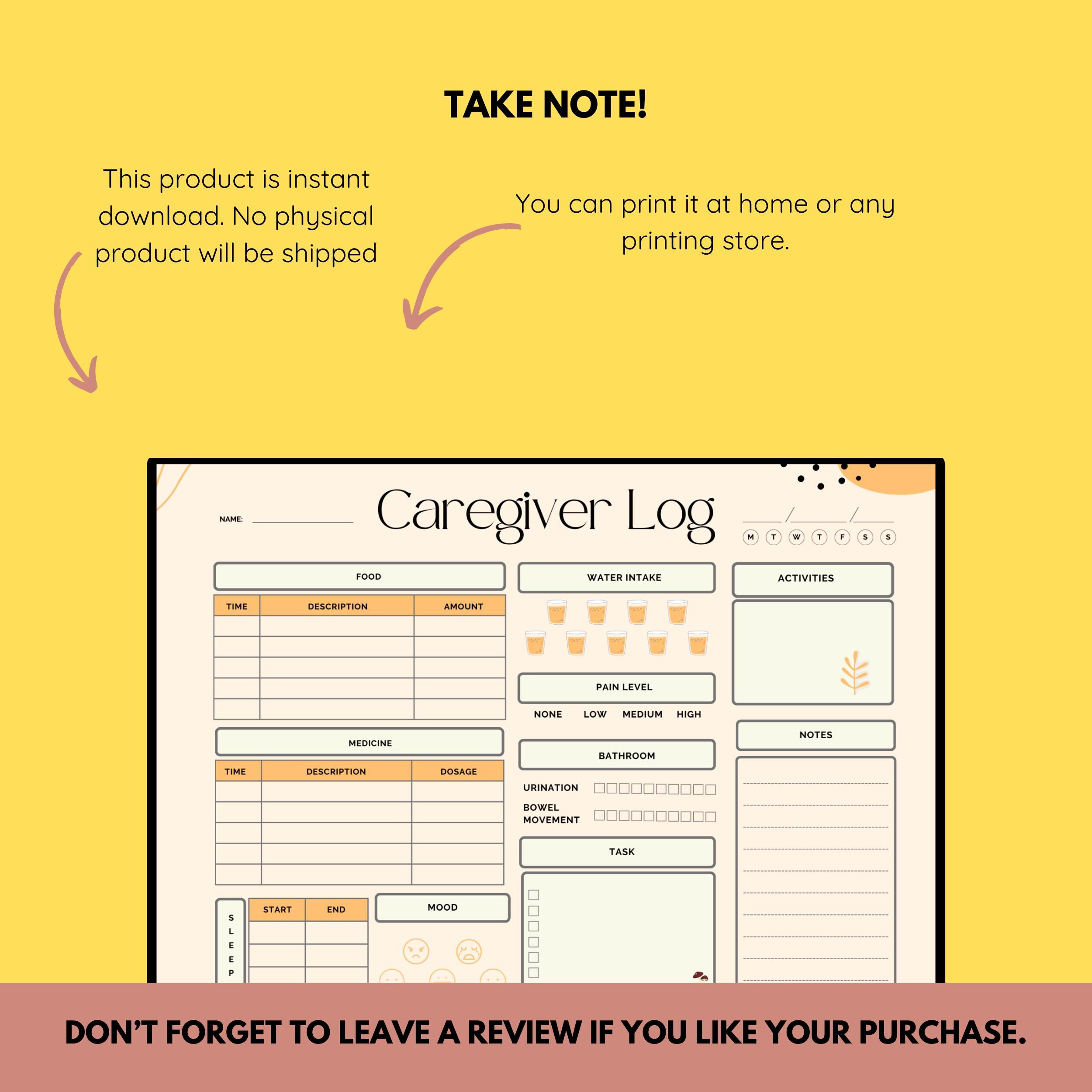 Printable Caregiver Log, Caregiver Checklist, Caregiver Gift, Elder ...