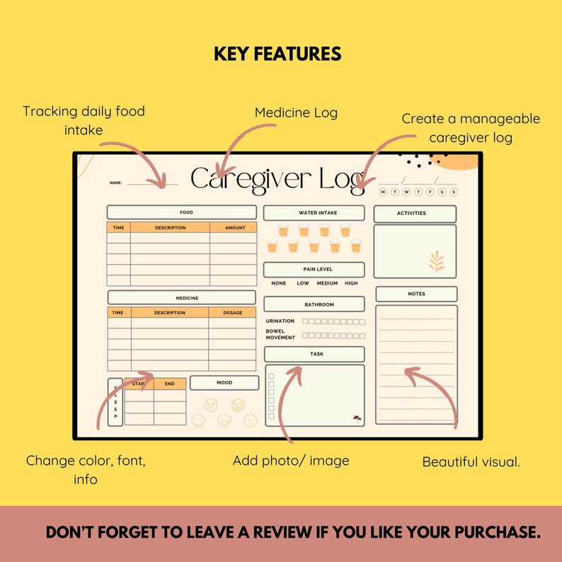 Editable Caregiver Log Template: Daily Tracker (canva, Printable) - Etsy