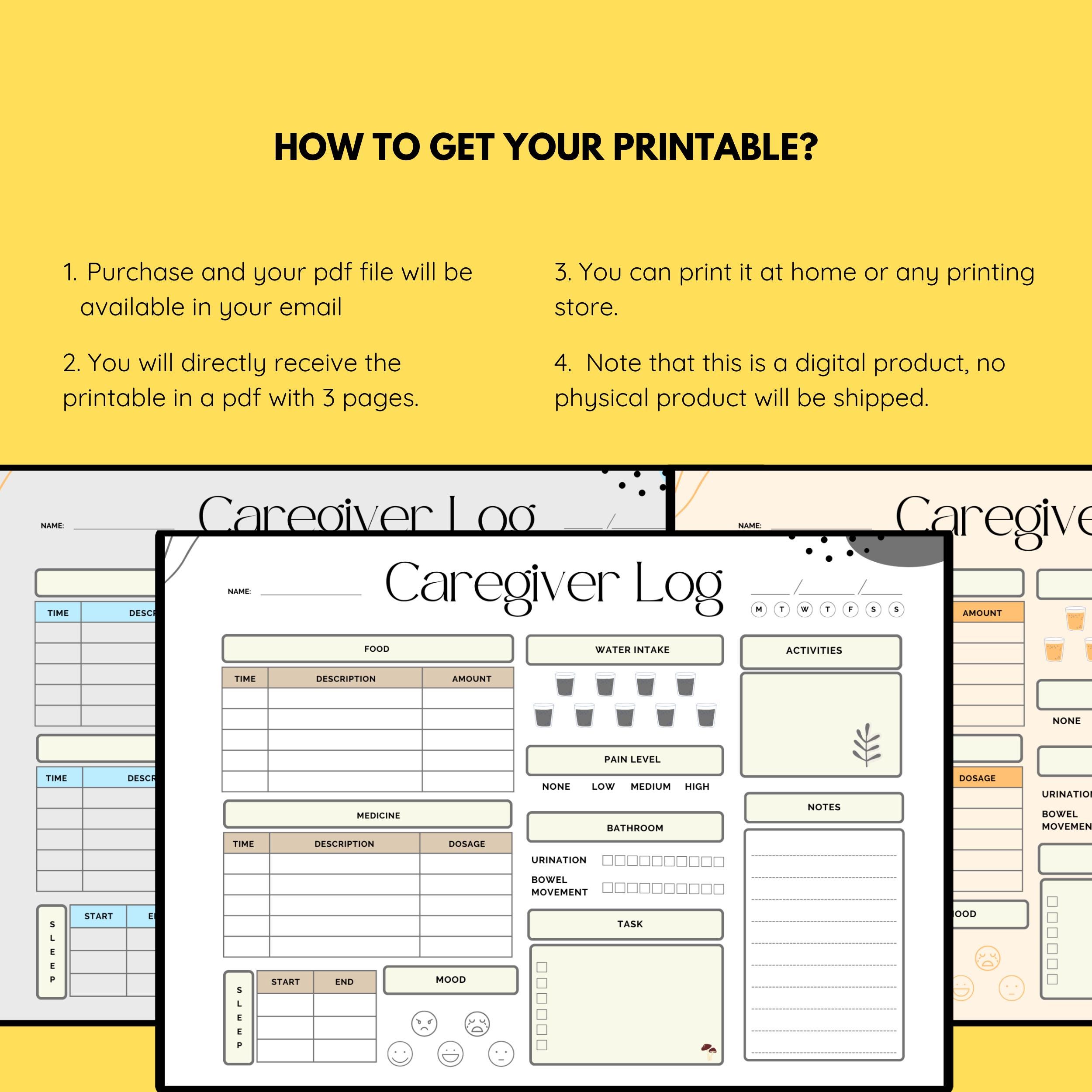 Printable Caregiver Log, Caregiver Checklist, Caregiver Gift, Elder ...