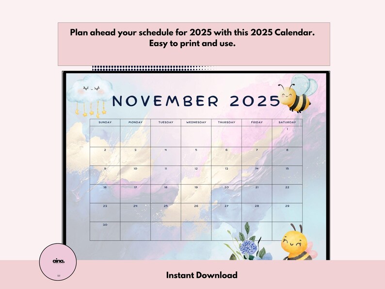2025 Calendar Printable, Monthly Calendar, Cute Printable Calendar ...