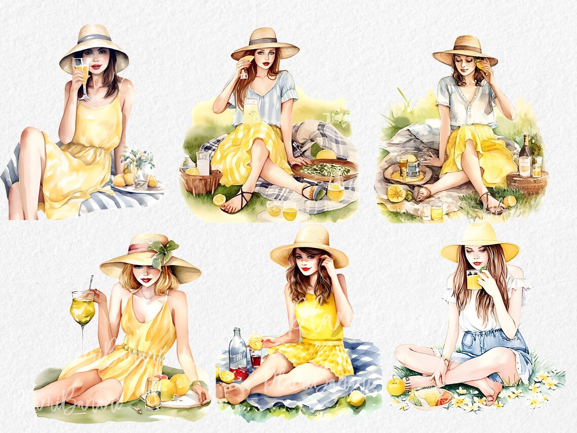 Watercolor Picnic Clipart, Girls With Lemons Clipart, Fashion Girl in ...