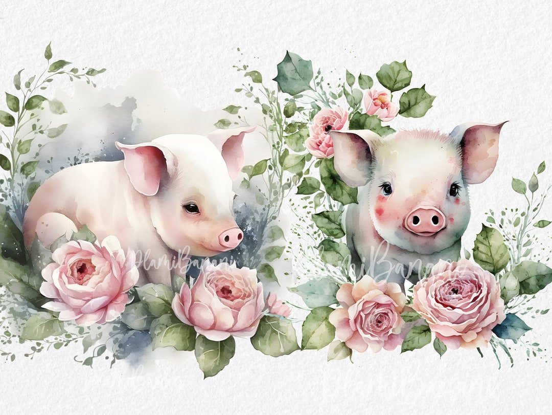 Watercolor Flowers Pig Digital Images, Pig With Pink Roses Clipart ...