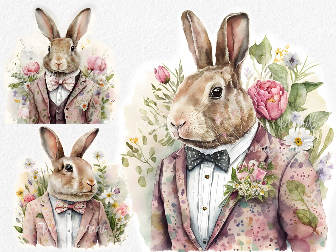 Rabbit in Suit, Business Bunny Watercolor Clipart, Spring Clipart ...
