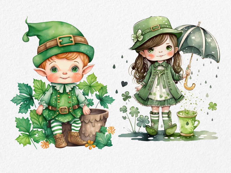 Leprechaun Watercolor Clipart Cute St Patricks Day Girl Boy - Etsy