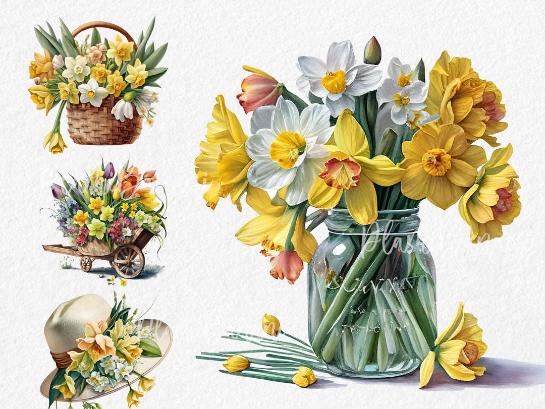 Spring Clipart, Flower Watercolor Clipart, Blue and Yellow Flowers ...