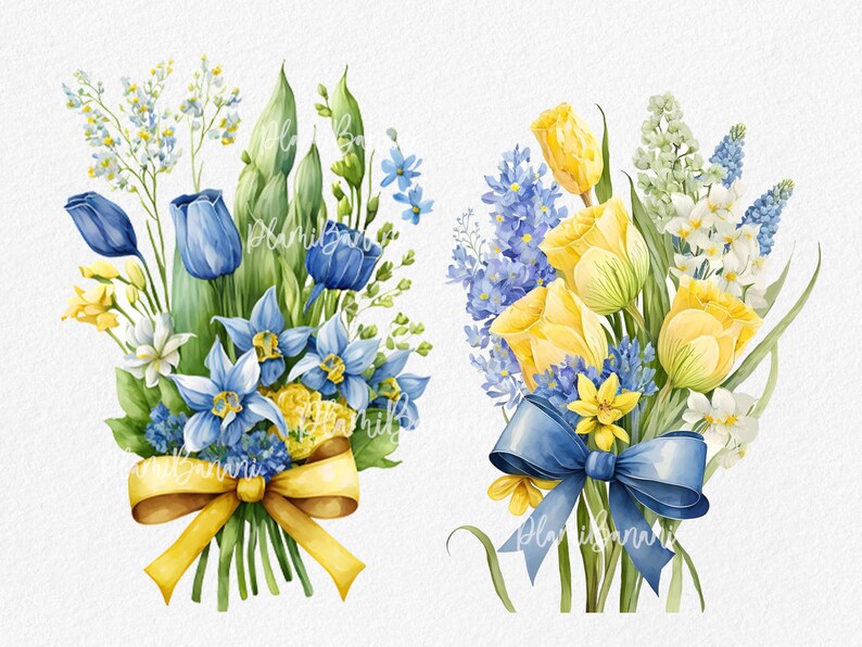 Spring Clipart Flower Watercolor Clipart Blue and Yellow - Etsy
