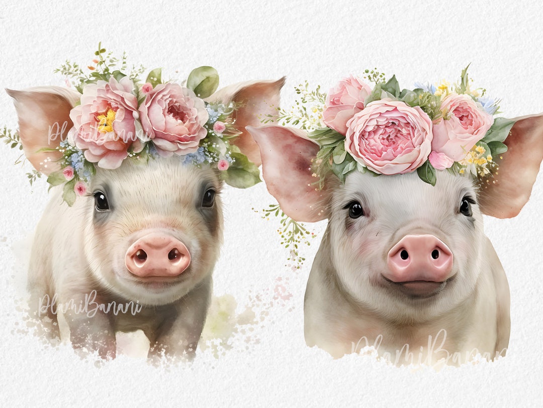 Cute Watercolour Baby Pigs Clipart Bundle With Flowers, Nursery Art ...