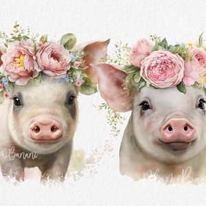 Cute Watercolour Baby Pigs Clipart Bundle With Flowers, Nursery Art ...