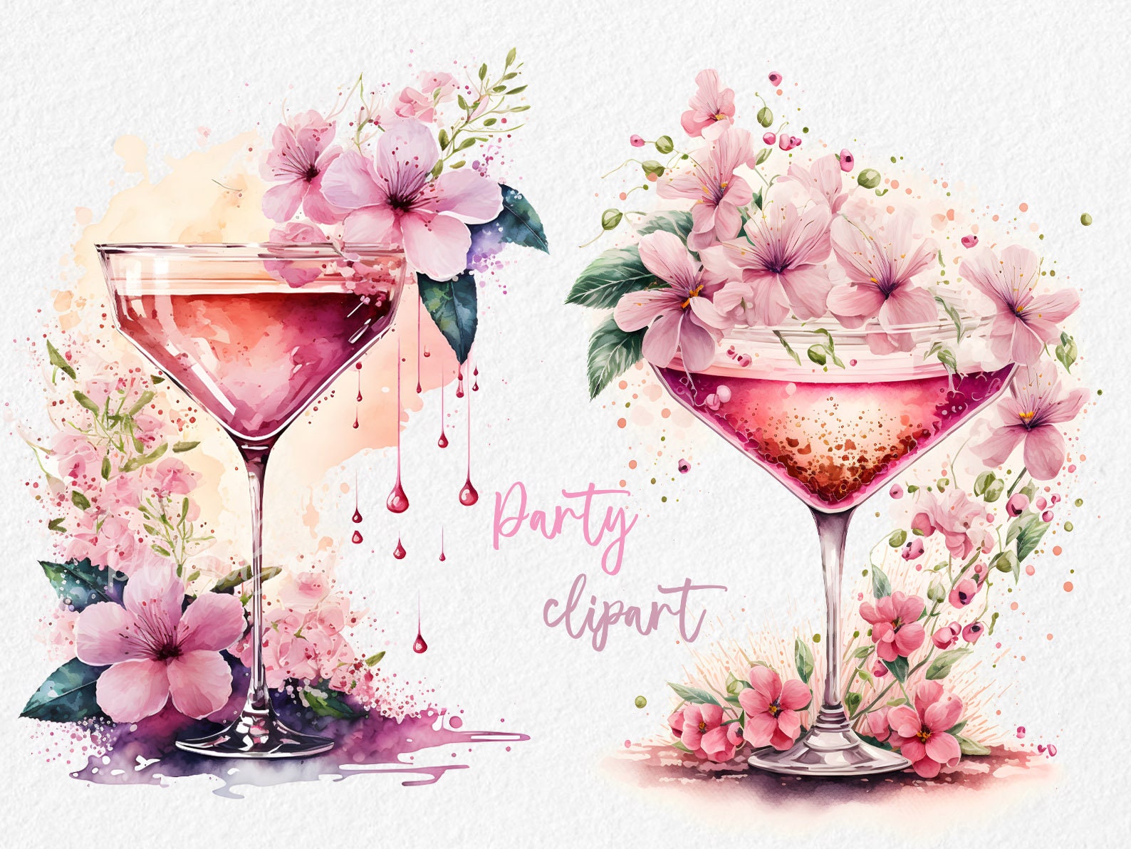 Watercolor Party Clipart, Painted Champagne Glass With Flowers ...