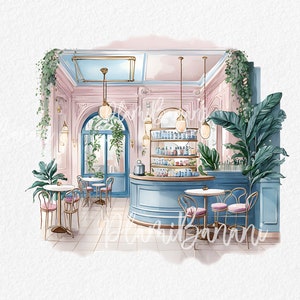 Coffee Shop Clipart, Paris Cafe Clip Art, Png. Blue Pink Digital ...