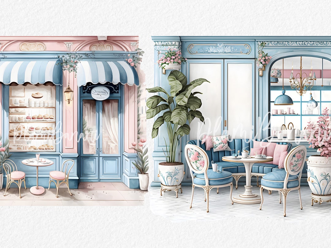 Bakery Coffee Shop Clipart, Paris France Cafe Png. Blue Pink Digital ...
