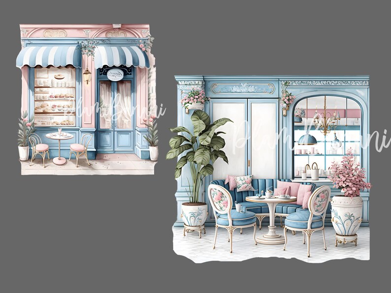 Bakery Coffee Shop Clipart, Paris France Cafe Png. Blue Pink Digital ...