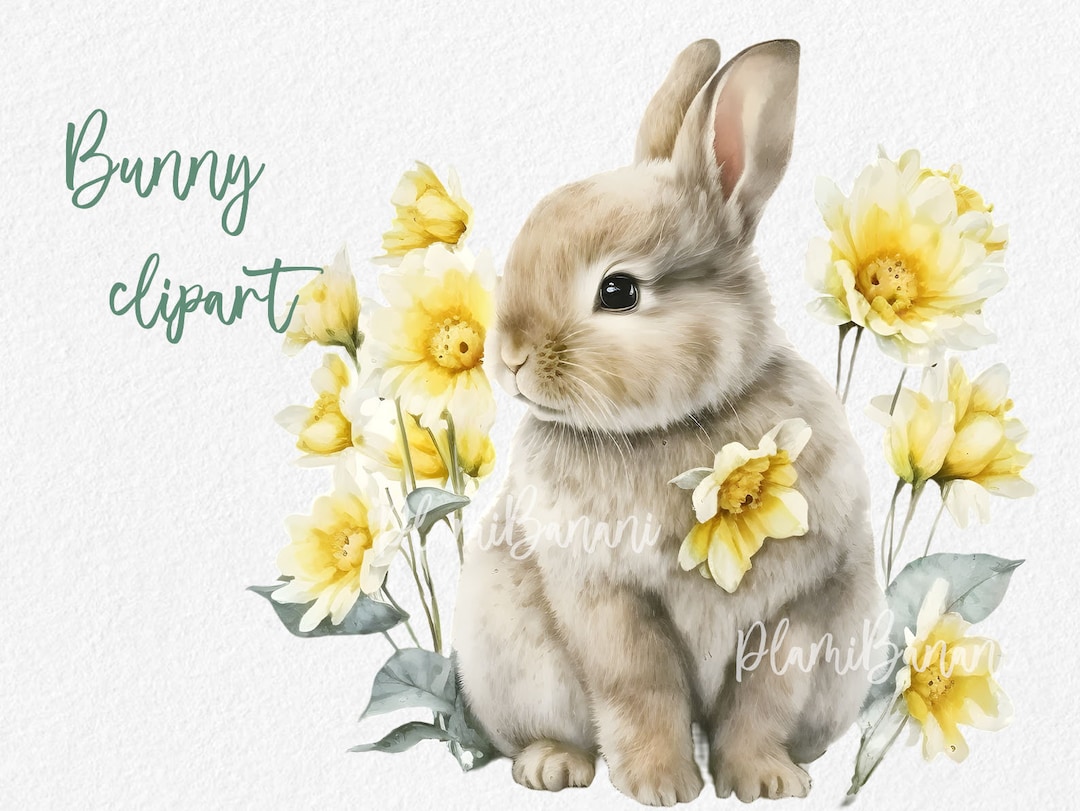 Watercolor Spring Clipart, Bunny Rabbit With Yellow Flowers, Planner ...