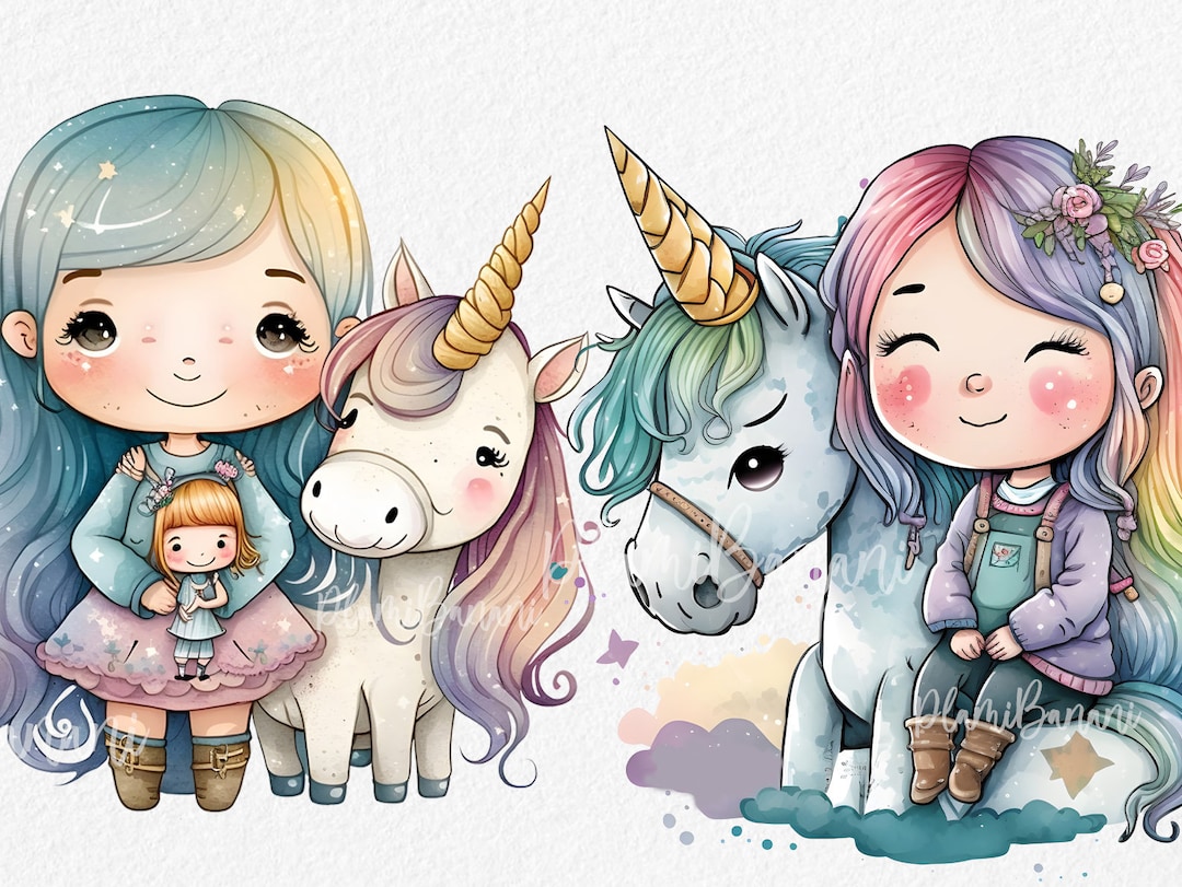 Rainbow Unicorn With Cute Girl Clipart, Unicorn Clipart, Unicorn ...