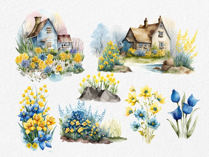 Spring Cottage Clipart, Village Farmhouse With Spring Flowers ...