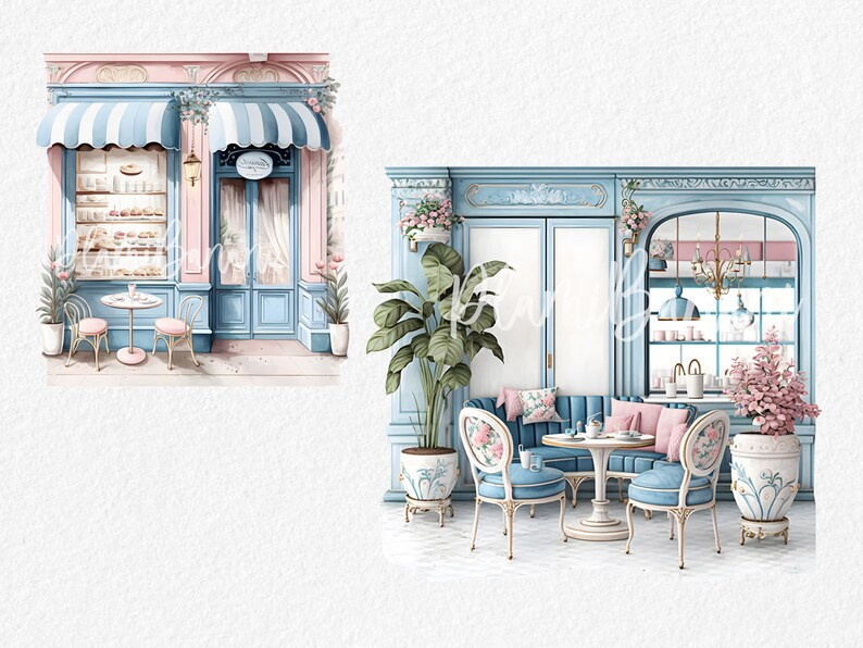 Bakery Coffee Shop Clipart, Paris France Cafe Png. Blue Pink Digital ...