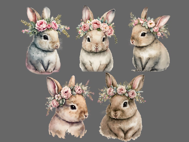 Cute Watercolour Baby Bunny Clipart Bundle With Flowers - Etsy