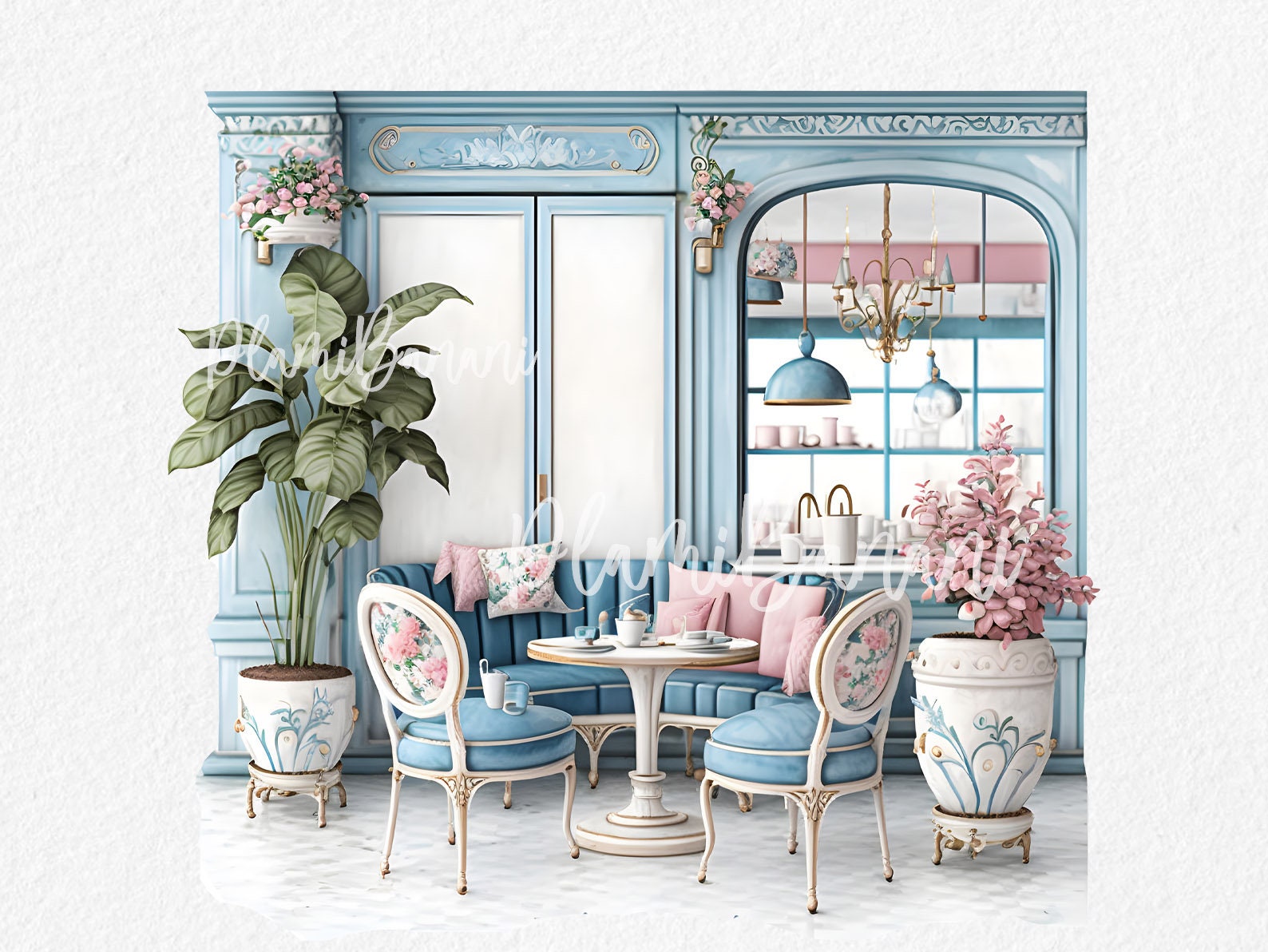 Bakery Coffee Shop Clipart, Paris France Cafe Png. Blue Pink Digital ...