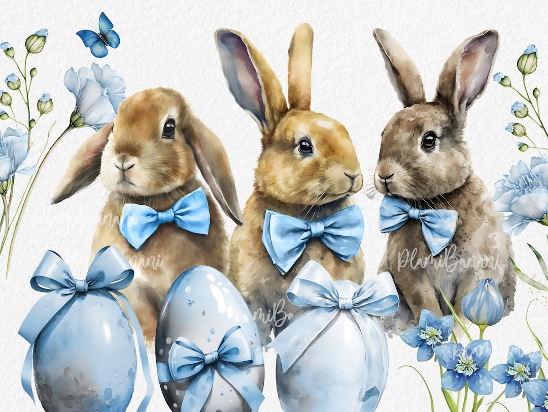 Bunnies Clipart, Nursery Spring Clipart, Blue Easter Clipart, Spring ...