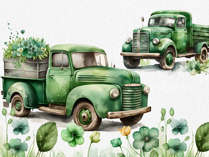 Vintage Green Truck Clipart, St. Patrick's Day, Shamrocks, Watercolor ...