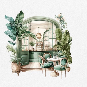 Retro Coffee Shop Restaurant Clipart, Paris Cafe Watercolor Clip Art ...