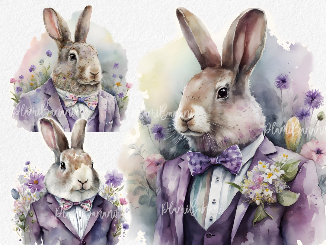 Modern Rabbit Clipart, Rabbit in a Suit, Digital Wall Art Purple Living ...